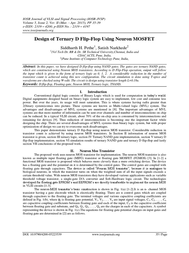 Design of Ternary D Flip-Flop Using Neuron MOSFET | PDF | Mosfet | Field Effect Transistor