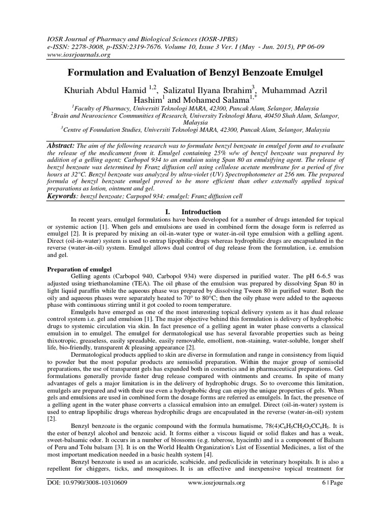 Formulation and Evaluation of Benzyl Benzoate Emulgel | PDF | Topical ...