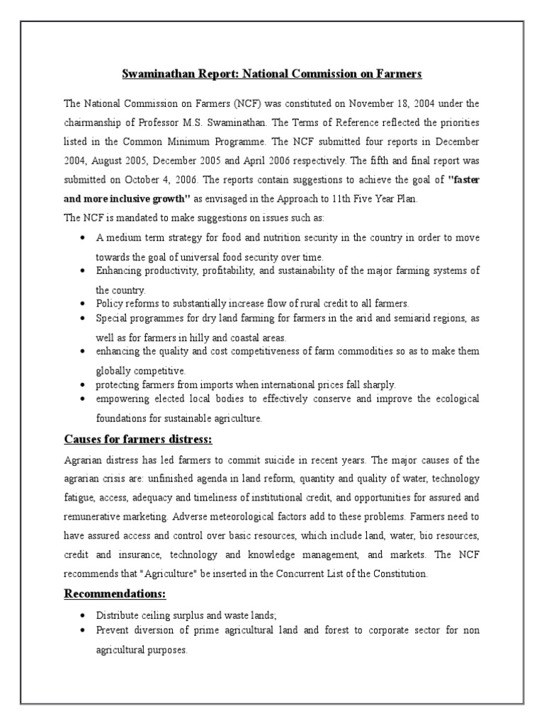 Swaminathan Report: National Commission On Farmers | PDF | Agriculture ...