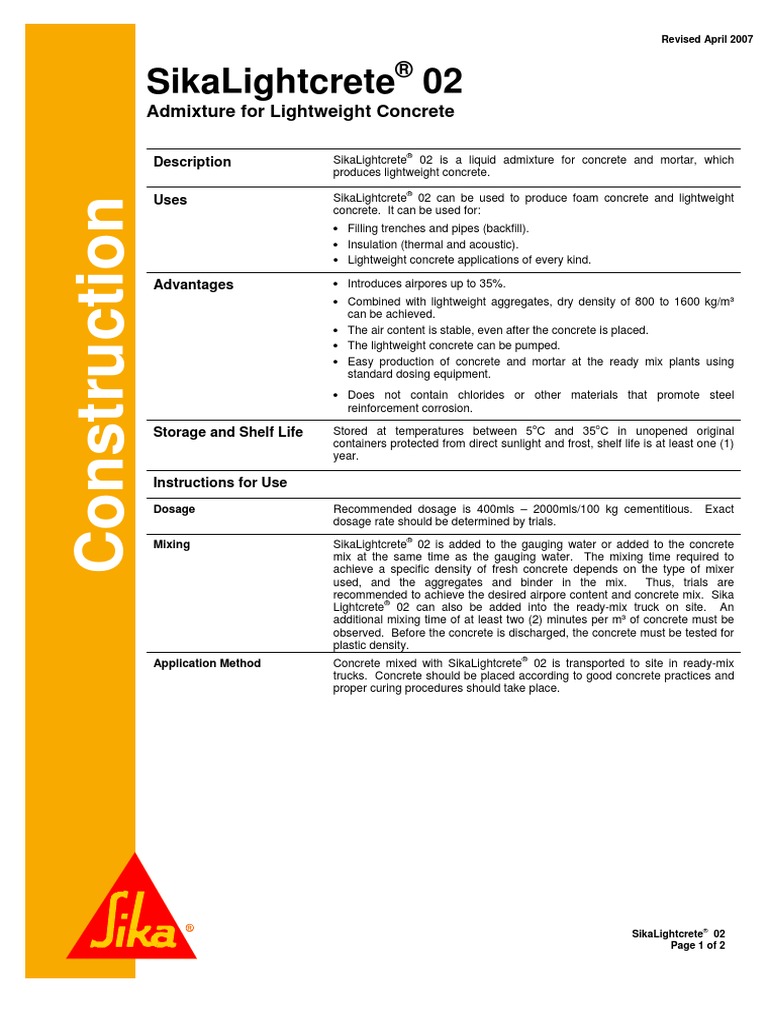 Sikalightcrete 02: Admixture For Lightweight Concrete | Download Free ...