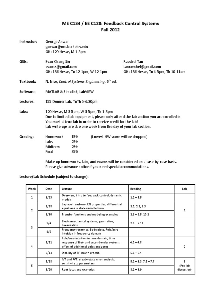 ME C134 / EE C128: Feedback Control Systems Fall 2012: Instructor | PDF ...