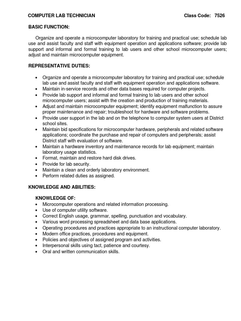 Computer Lab Technician | PDF | Laboratories | Microcomputers