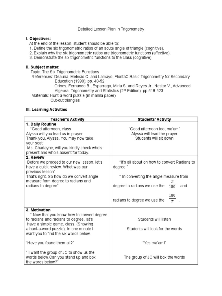 Trigonometry Lesson Plan Overview | PDF | Trigonometric Functions | Euclidean Plane Geometry