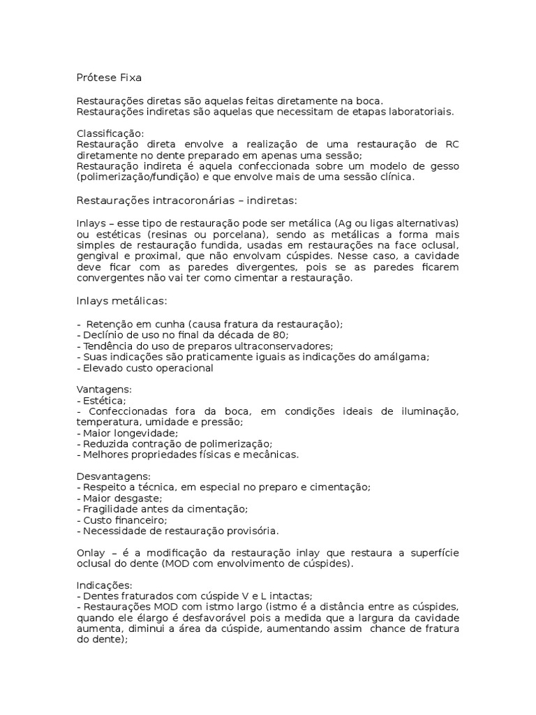 resumo prótese fixa | PDF | Prótese | Dente