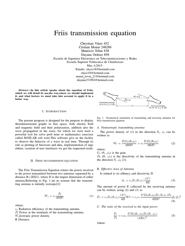 Friis Transmission Equation: Chrystian Viteri 452 Cristian Monar 246286 ...