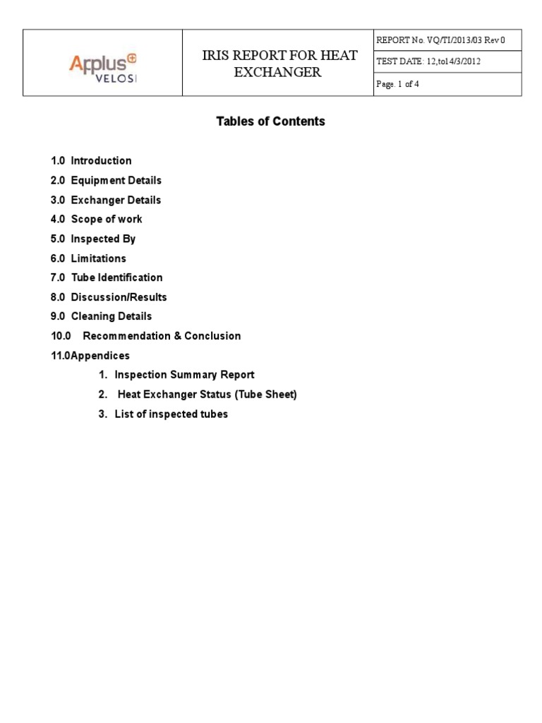 Iris Report For Heat Exchanger: Tables of Contents | Download Free PDF ...