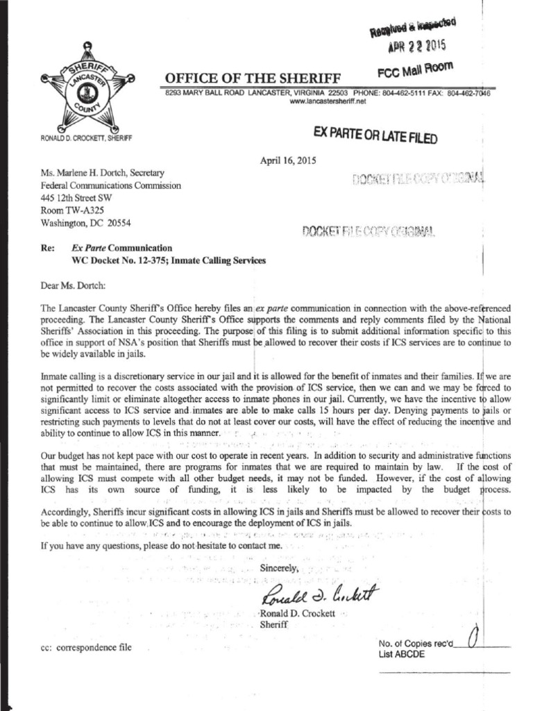 Sherifff Ronald Crockett Ex-Parte Letter To The FCC | PDF | Social Science