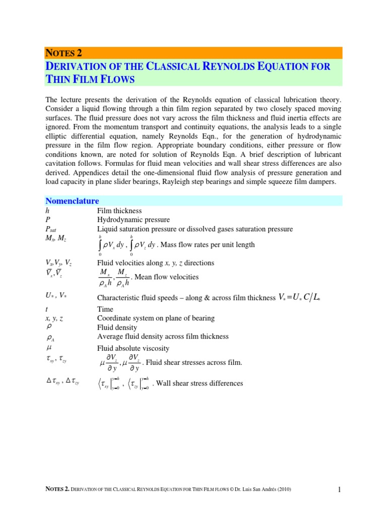 Reynolds Equation For Thin Film Flows | PDF | Fluid Dynamics | Shear Stress