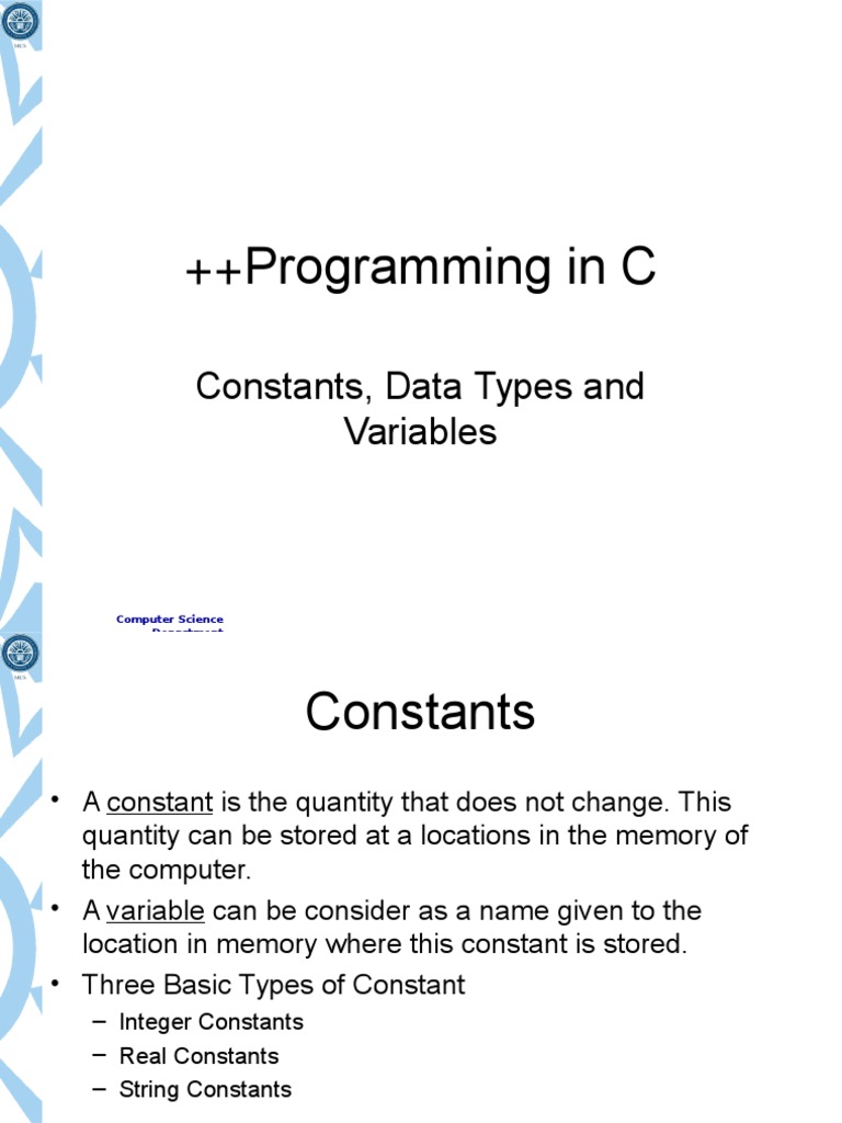 Constants Data Types And Variables Pdf Data Type Variable Computer Science