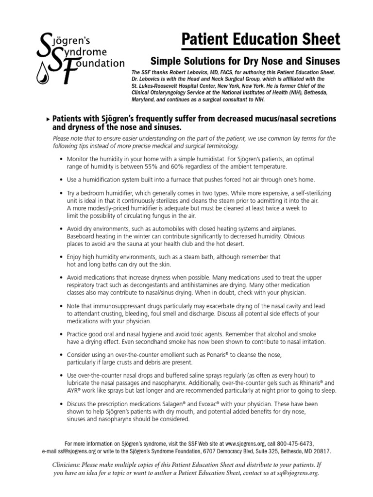 Patient Education Sheet: Simple Solutions For Dry Nose and Sinuses ...