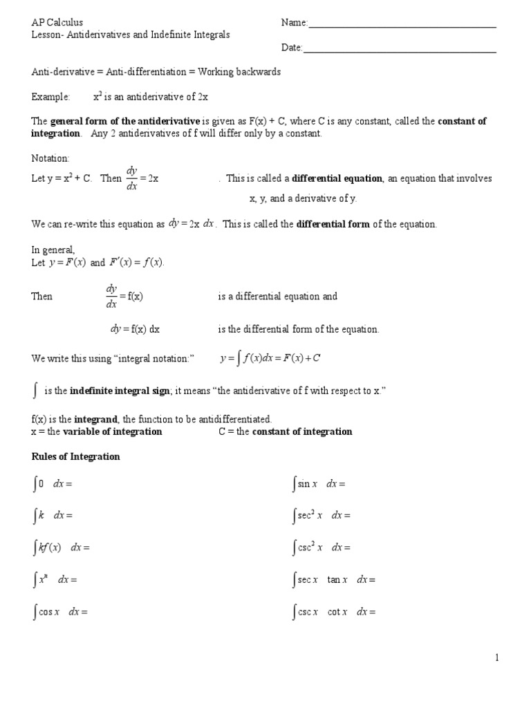 AP Calculus AB - Integration - Notes | Summation | Integral