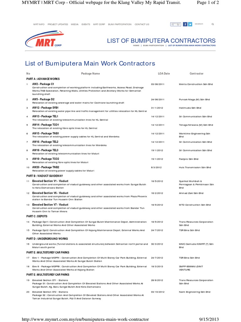 MRT Bumiputera Main Work Contractor | PDF | Malaysia | Public Transport