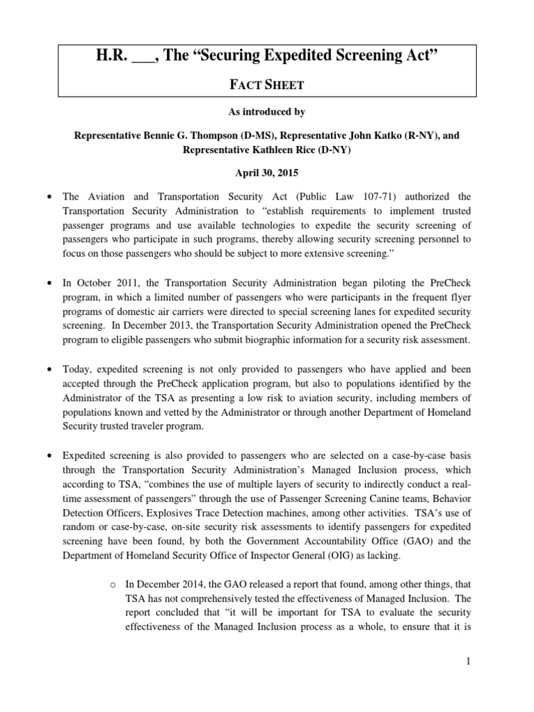 Fact Sheet: Securing Expedited Screening Act | PDF | Transportation ...