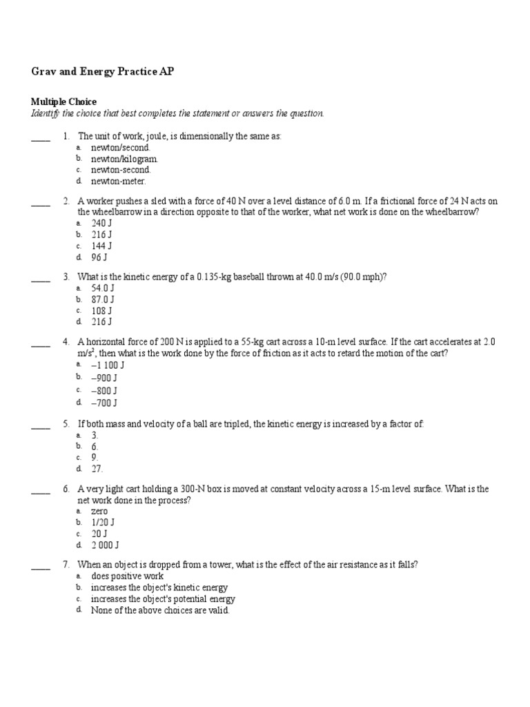 Grav and Energy Practice AP: Multiple Choice | PDF | Force | Friction
