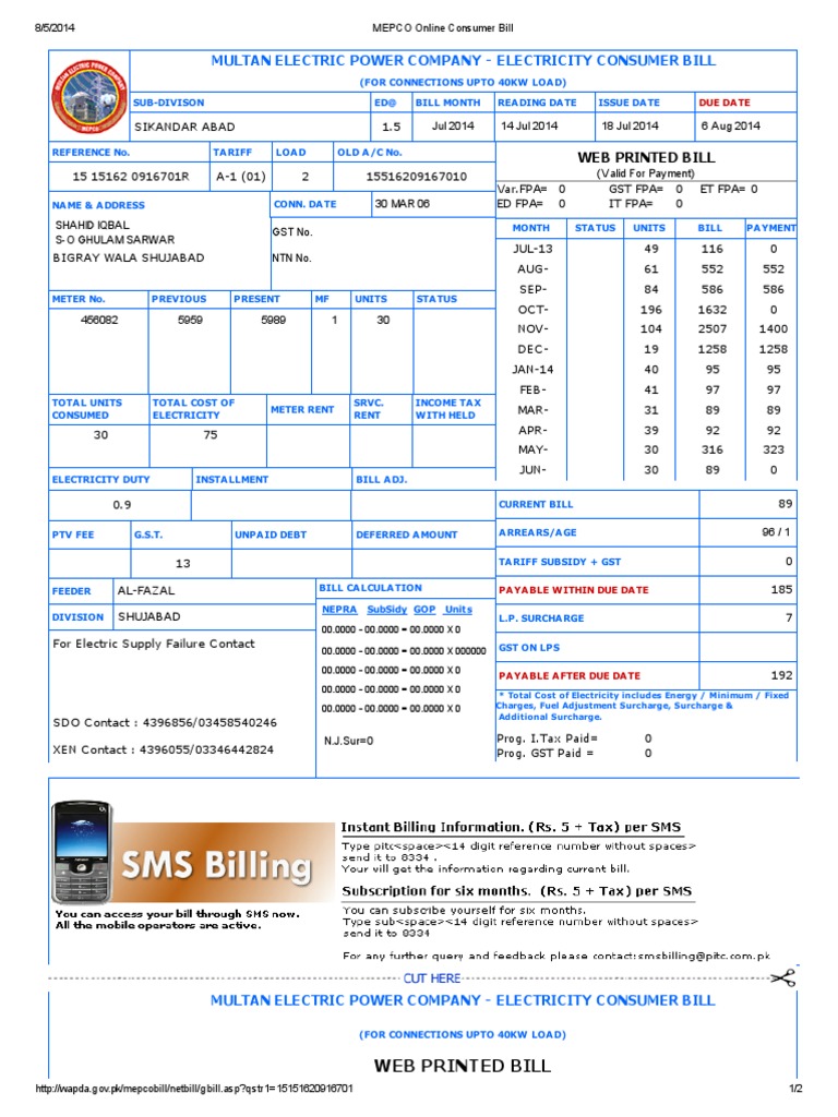 MEPCO Online Consumer Bill | PDF | Payments | Public Finance