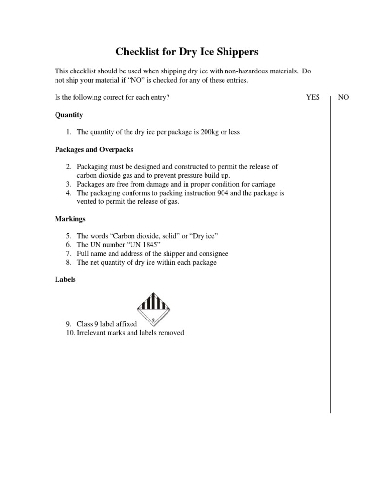 Checklist For Dry Ice Shippers: Quantity | PDF