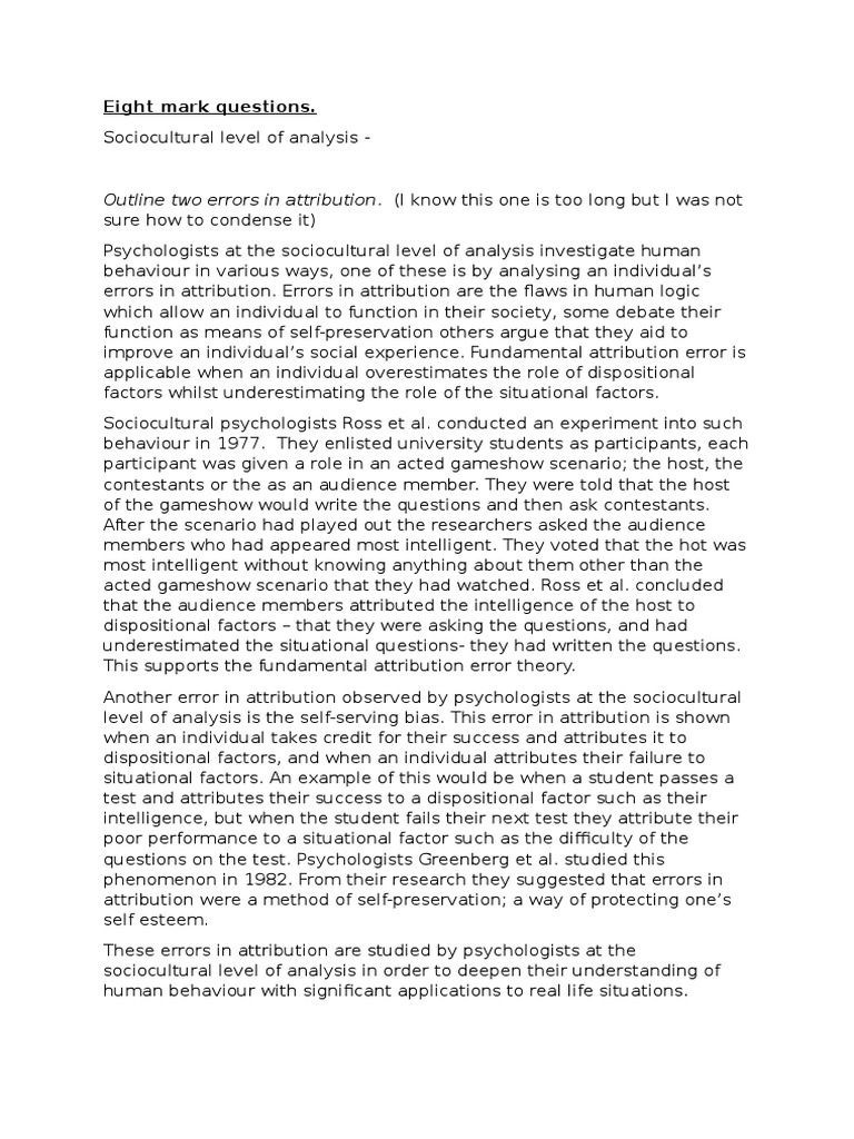 Eight Mark Questions For HL IB Psychology Paper 1 | PDF | Stereotypes ...