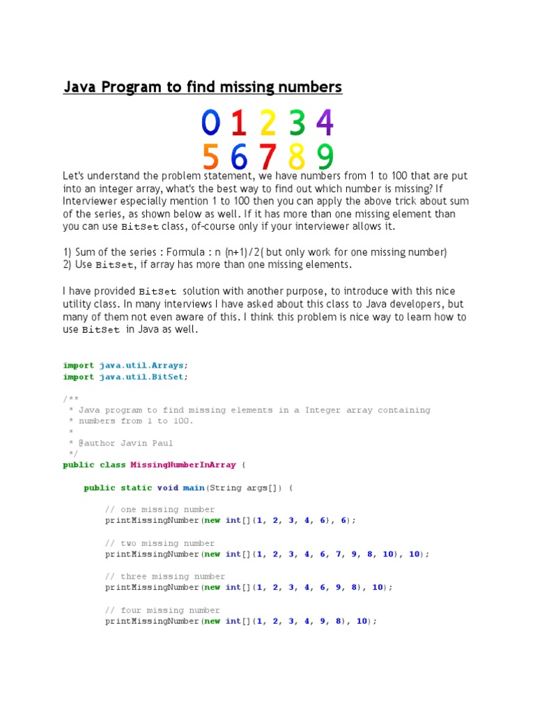 Java Program To Find Missing Numbers | PDF | Integer (Computer Science) | Array Data Structure