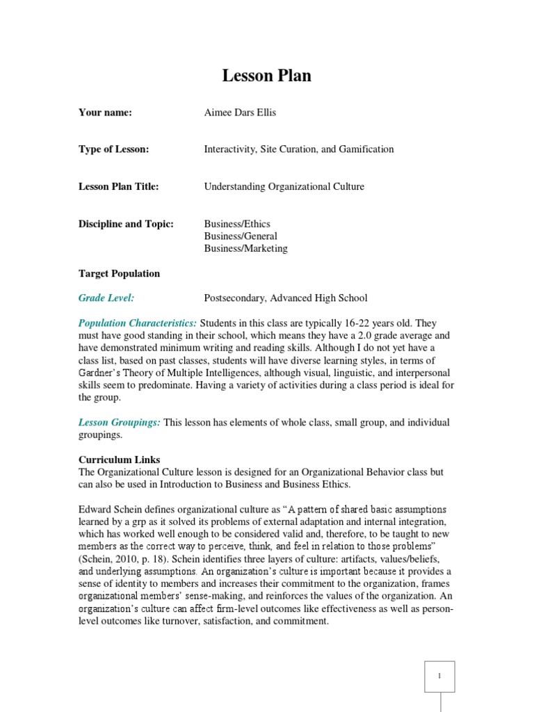 Sample Lesson Plan: Understanding Organizational Culture | PDF ...