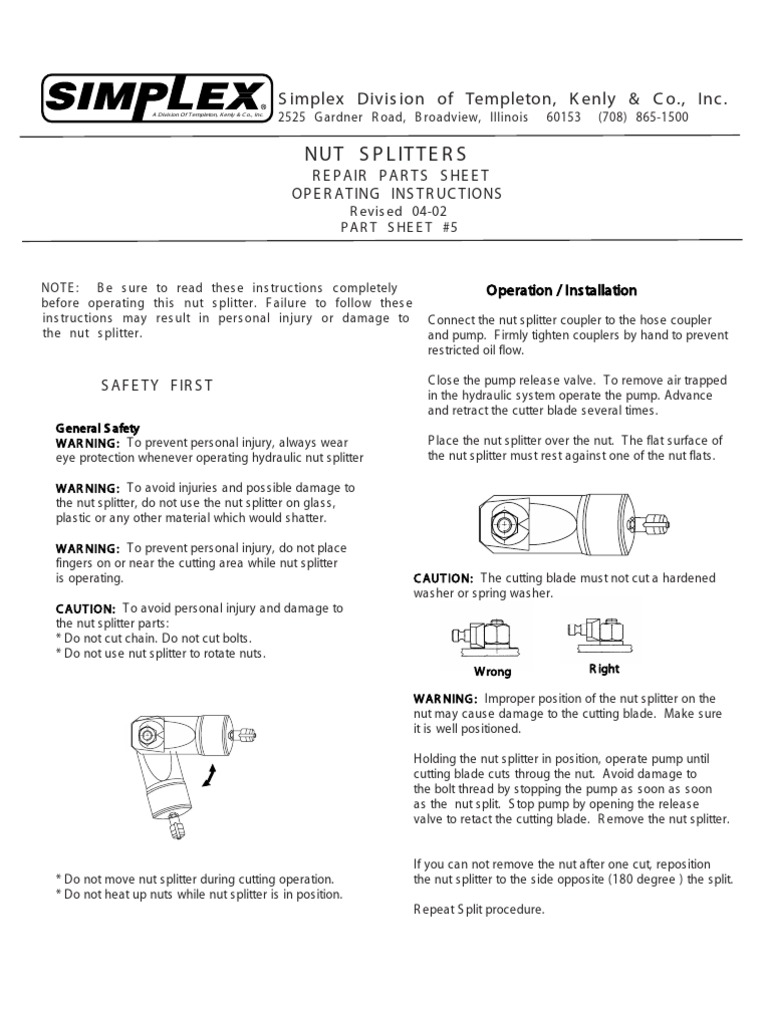 Simplex NS-Series Nut Splitters Manual | PDF | Nut (Hardware) | Machines