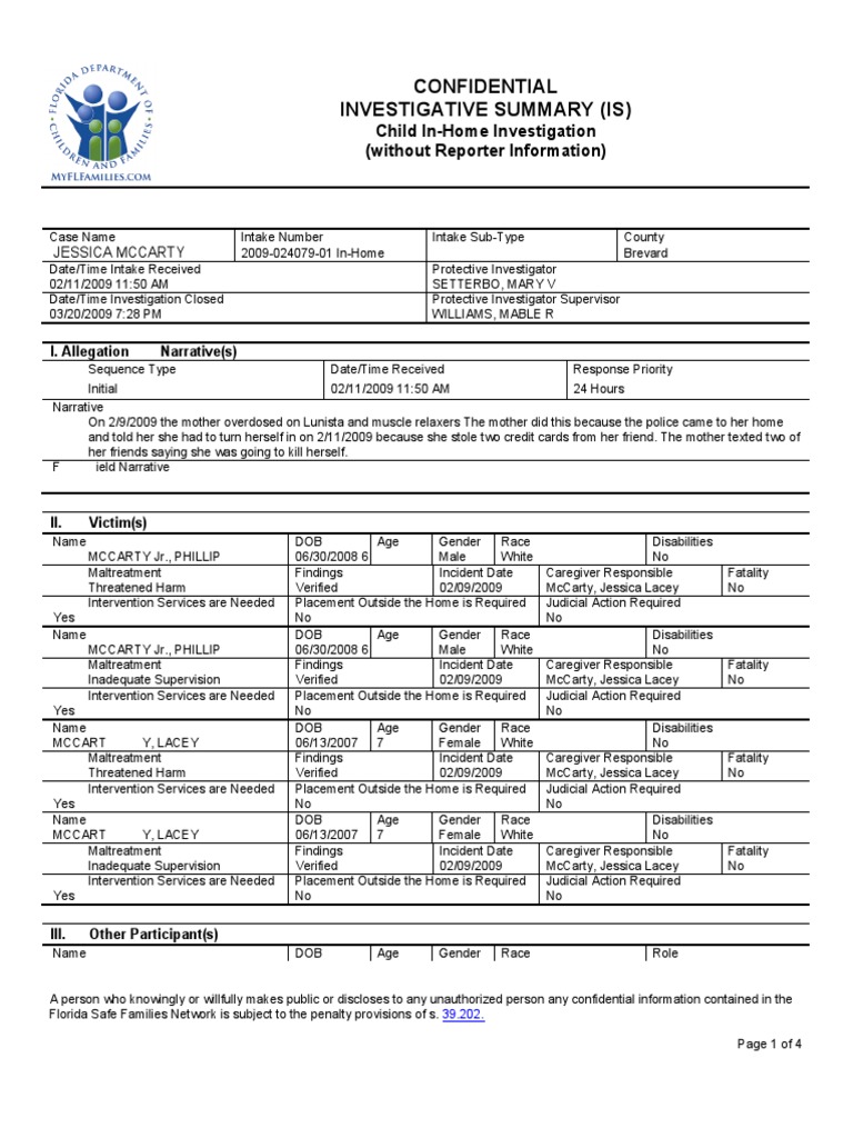 DCF Report: Jessica McCarty | PDF | Child Care | Relationships
