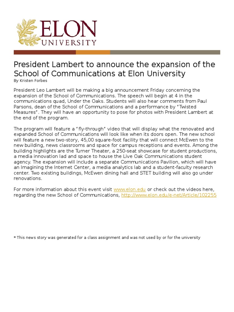 Elon University Communications Expansion Announcement | PDF | Computers
