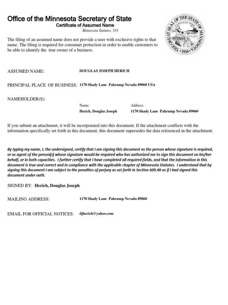 Assumed Name Certificate - Secretary of State filing - 4-30-2015