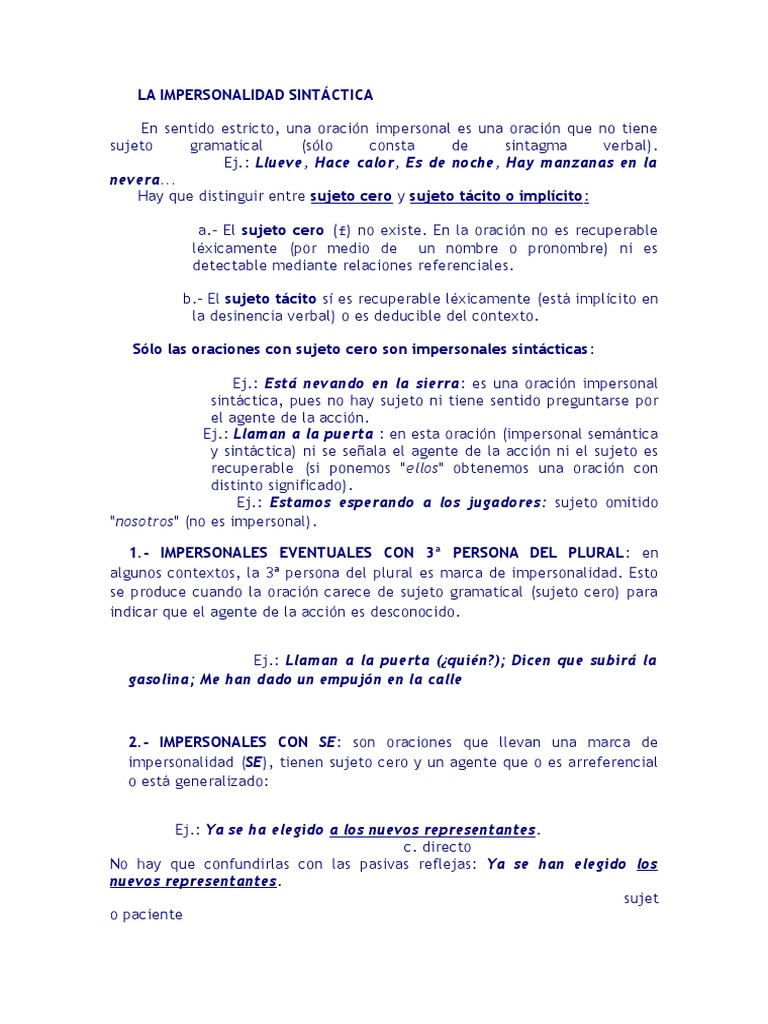 La Impersonalidad Sintáctica | PDF | Asunto (gramática) | Verbo