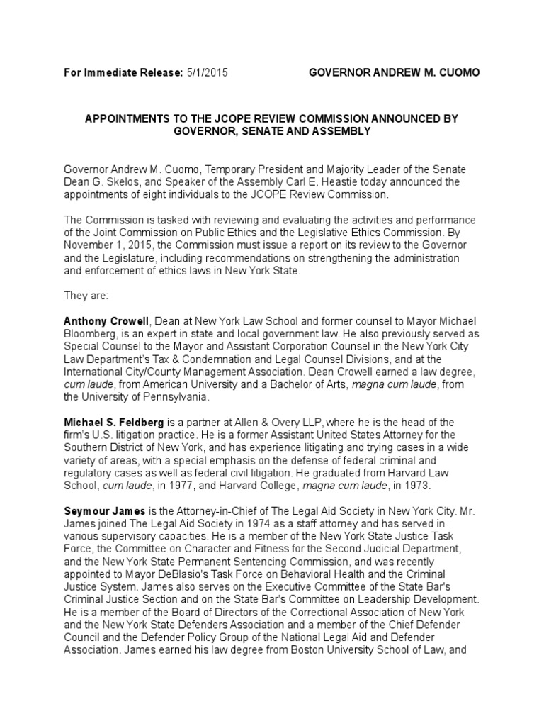 JCOPE Review Commission Members | PDF | Law School | Lawyer