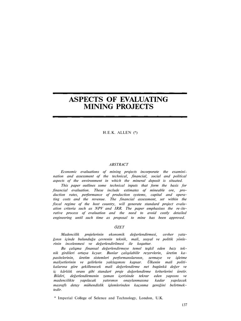 Aspects of Evaluating Mining Projects | PDF | Mining | Internal Rate Of ...