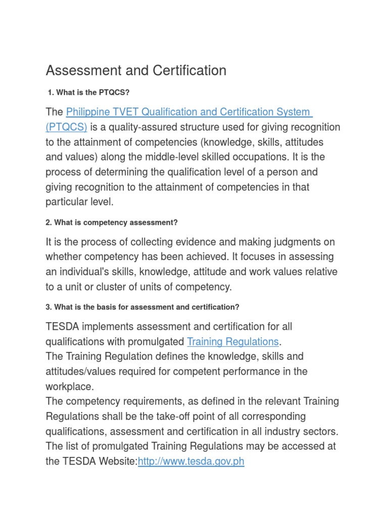 TESDA Assessment and Certification | Certification | Educational Assessment