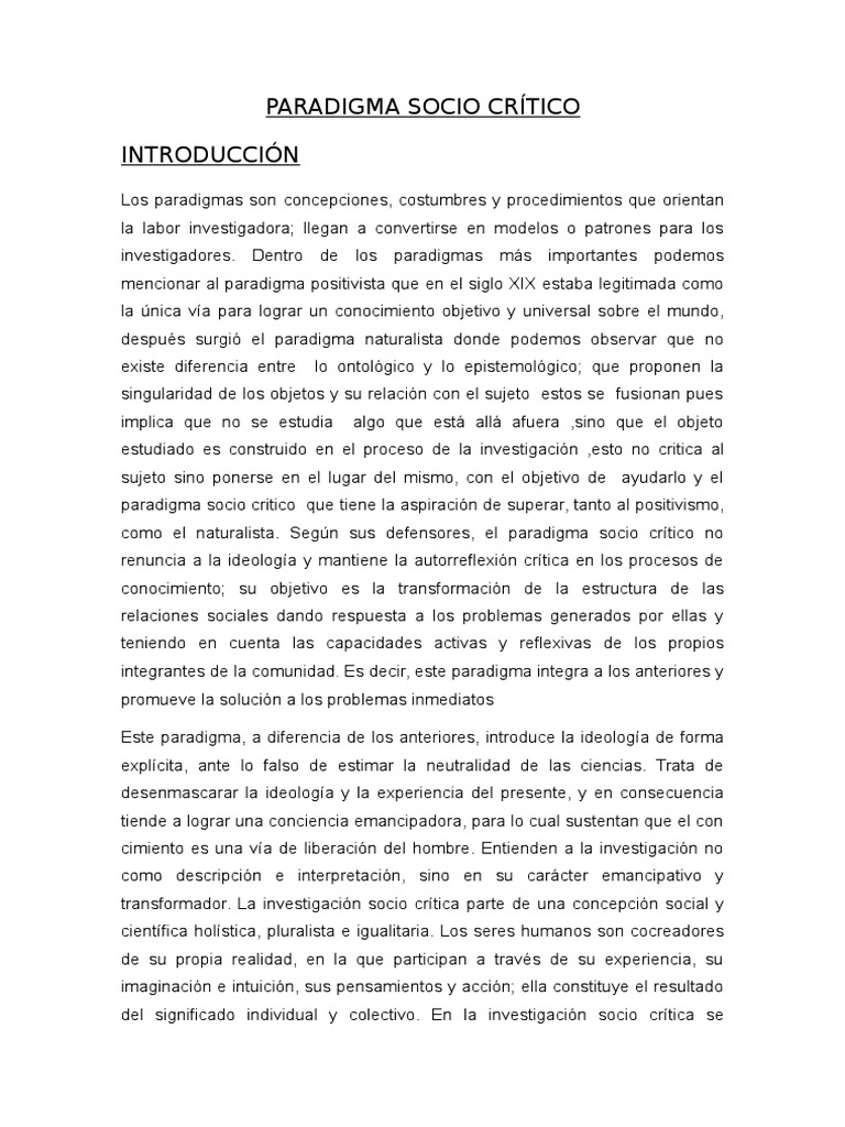 Paradigma Socio Crítico | PDF | Paradigma | Conocimiento