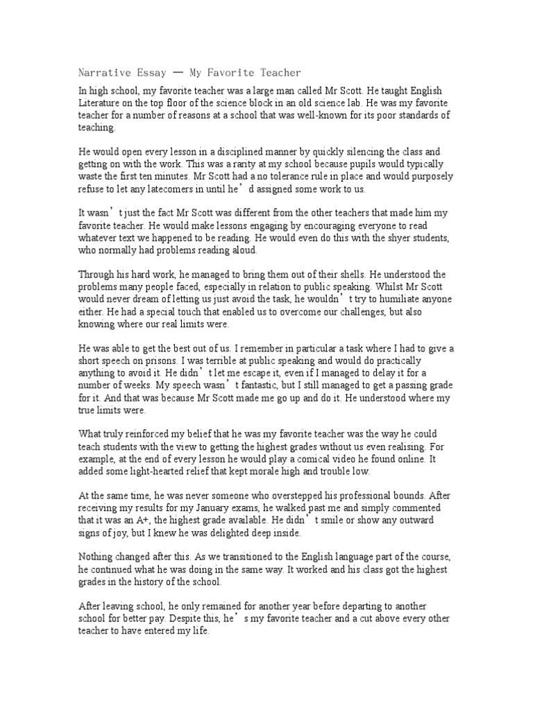 2narrative Essay - My Favorite Teacher | PDF | Teachers | Teaching And Learning