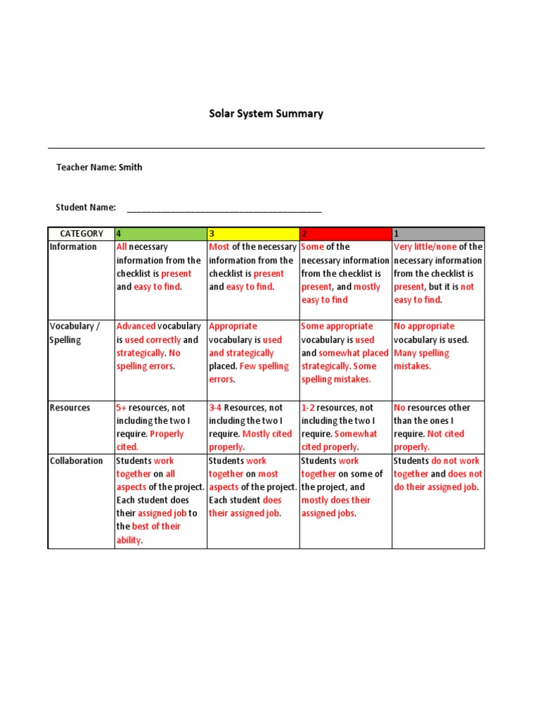 Solar System Project Evaluation Rubric | PDF | Career & Growth