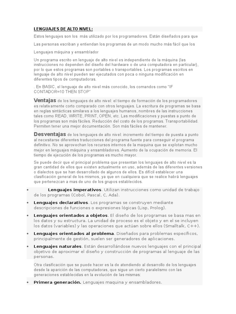 Lenguajes de Alto Nivel | PDF | Básico | Lenguaje de programación