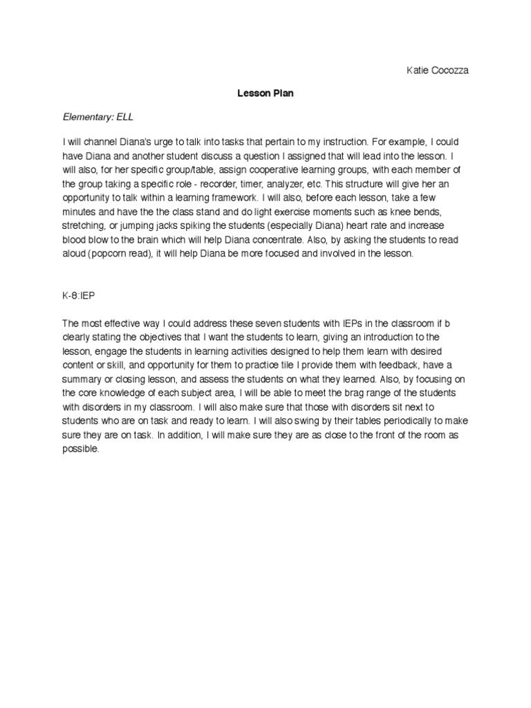 Elementary: ELL !: Lesson Plan! | PDF | Career & Growth | Self-Improvement