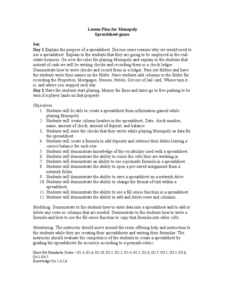 Lesson Plan For Monopoly | PDF | Spreadsheet | Lesson Plan