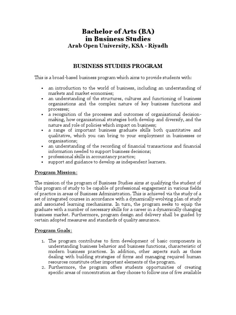Business Studies BA Program Guide | PDF | Accounting | Strategic Management
