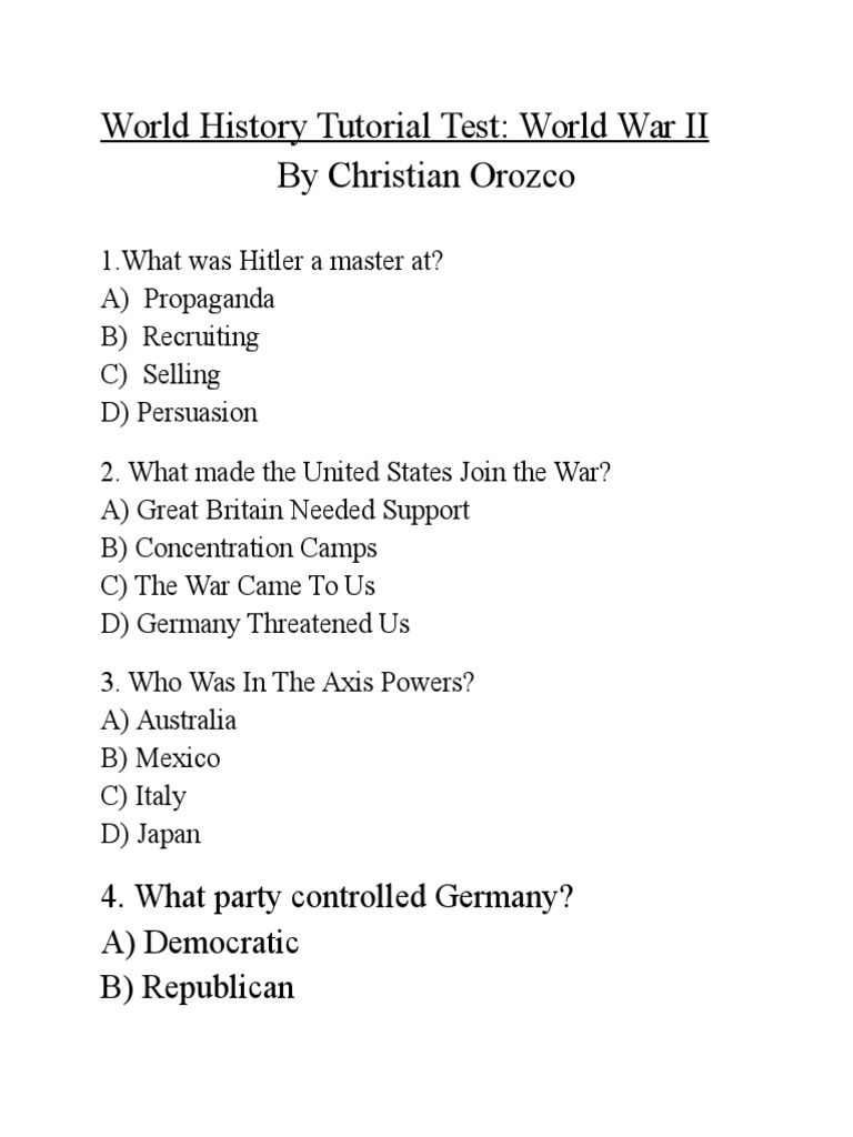 World History Tutorial Test: World War II by Christian Orozco | PDF