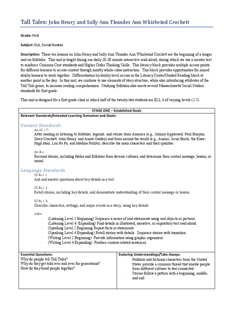 Tall Tales Mini Unit | PDF | Reading Comprehension | Folklore