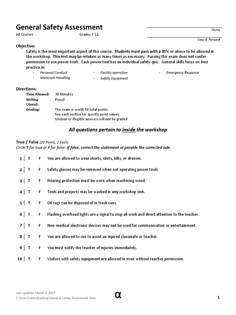 Grade 12 Safety Assessment Guide | PDF | Educational Assessment | Test ...