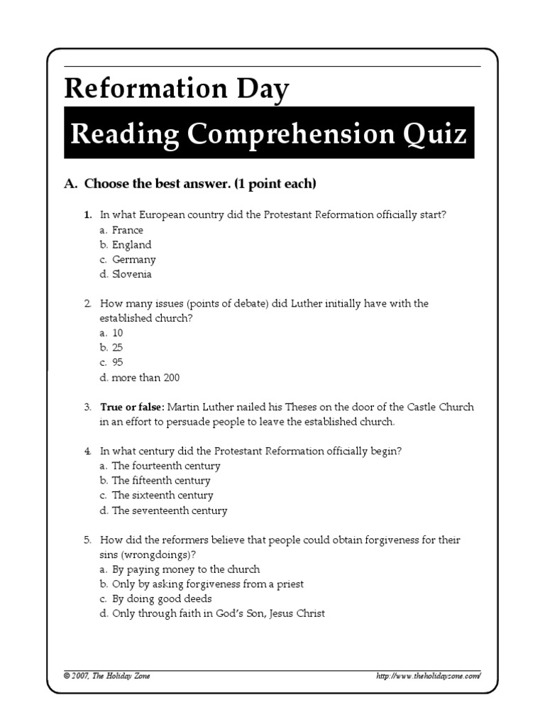 Reading Comprehension Quiz: Reformation Day | PDF | Travel | History