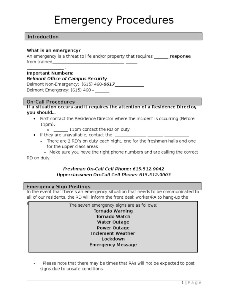 Emergency Procedures Worksheet (1) | Emergency | Weather