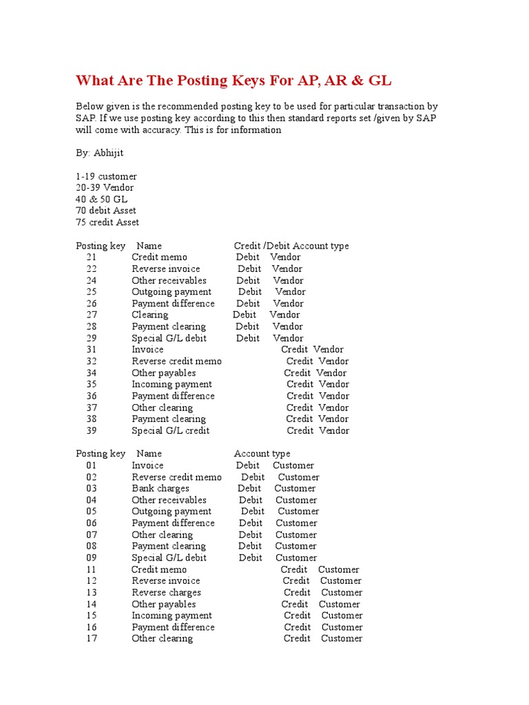 SAP Posting Keys for AP, AR & GL | PDF