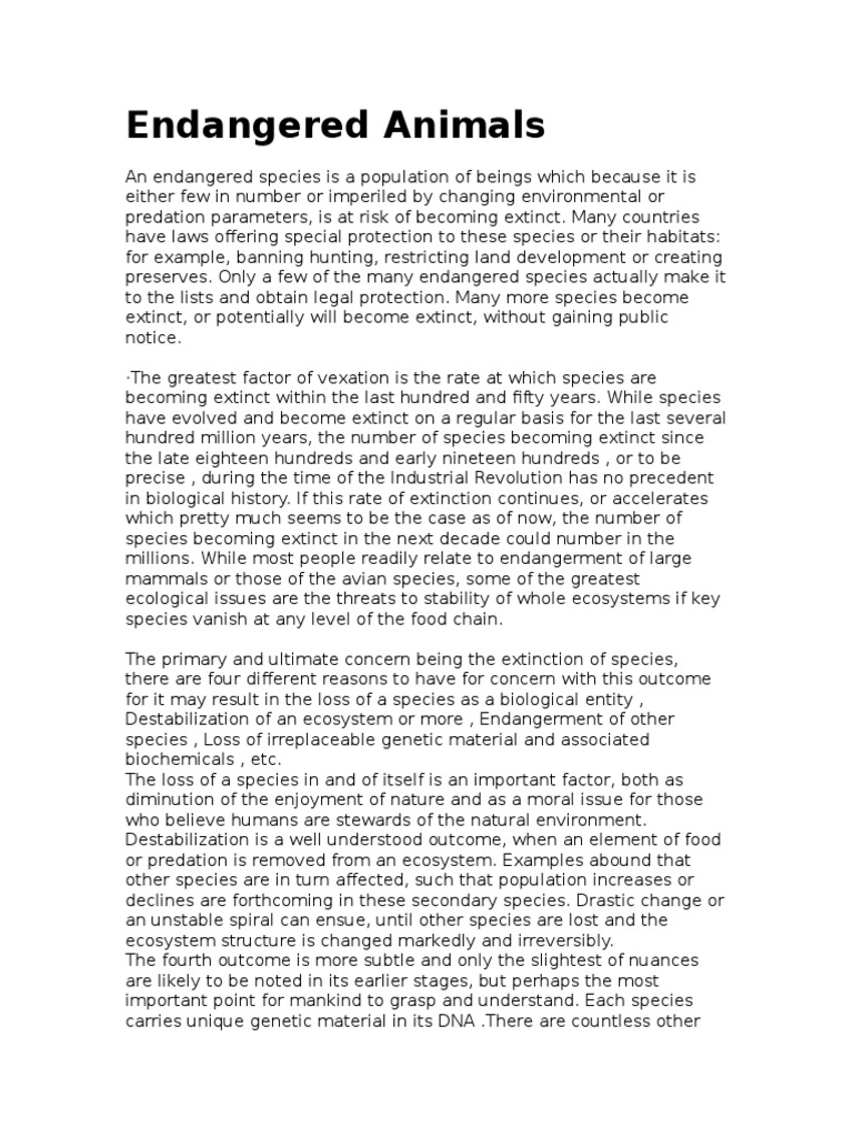 Essay Endagered Animals | PDF | Endangered Species | Extinction