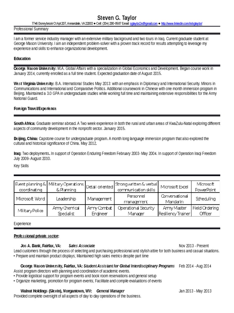 Taylor Resume v12 | PDF | Cbrn Defense | Military Police