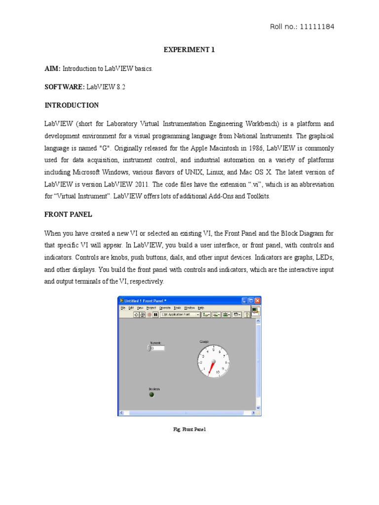 Experiment 1 Aim: Introduction To Labview Basics. Software: Labview 8.2 ...