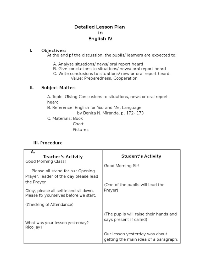 Detailed Lesson Plan in English IV (Giving Conclusions) | PDF | Lesson Plan