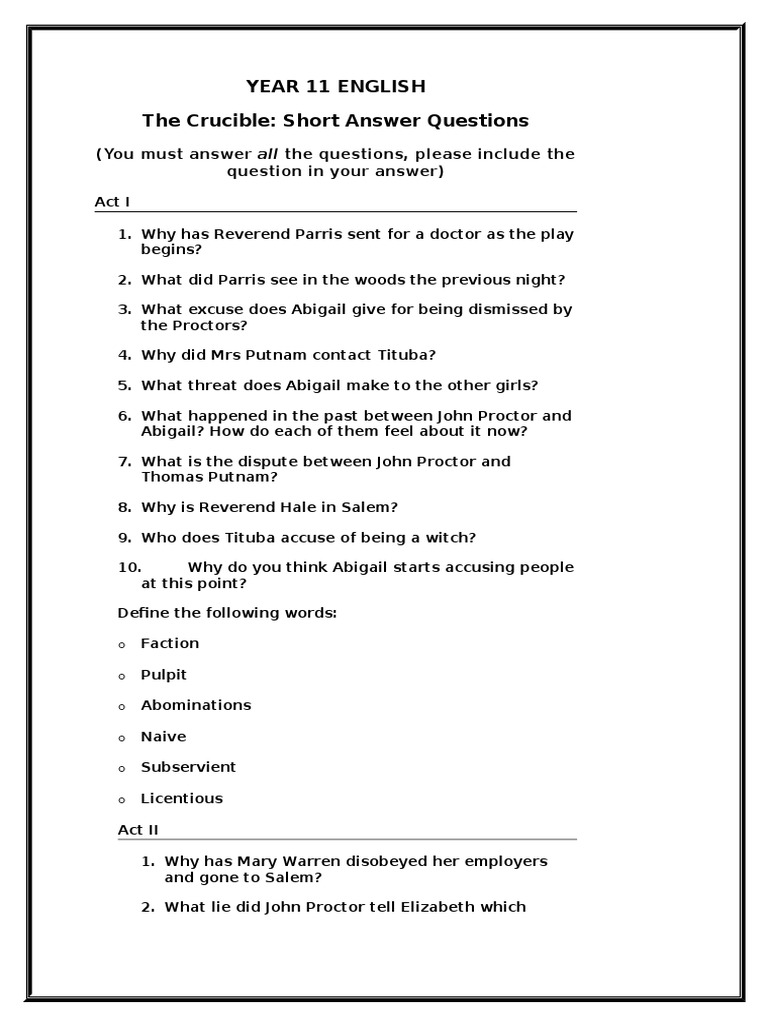 The Crucible Questions | Download Free PDF | Witch Hunting | Early ...