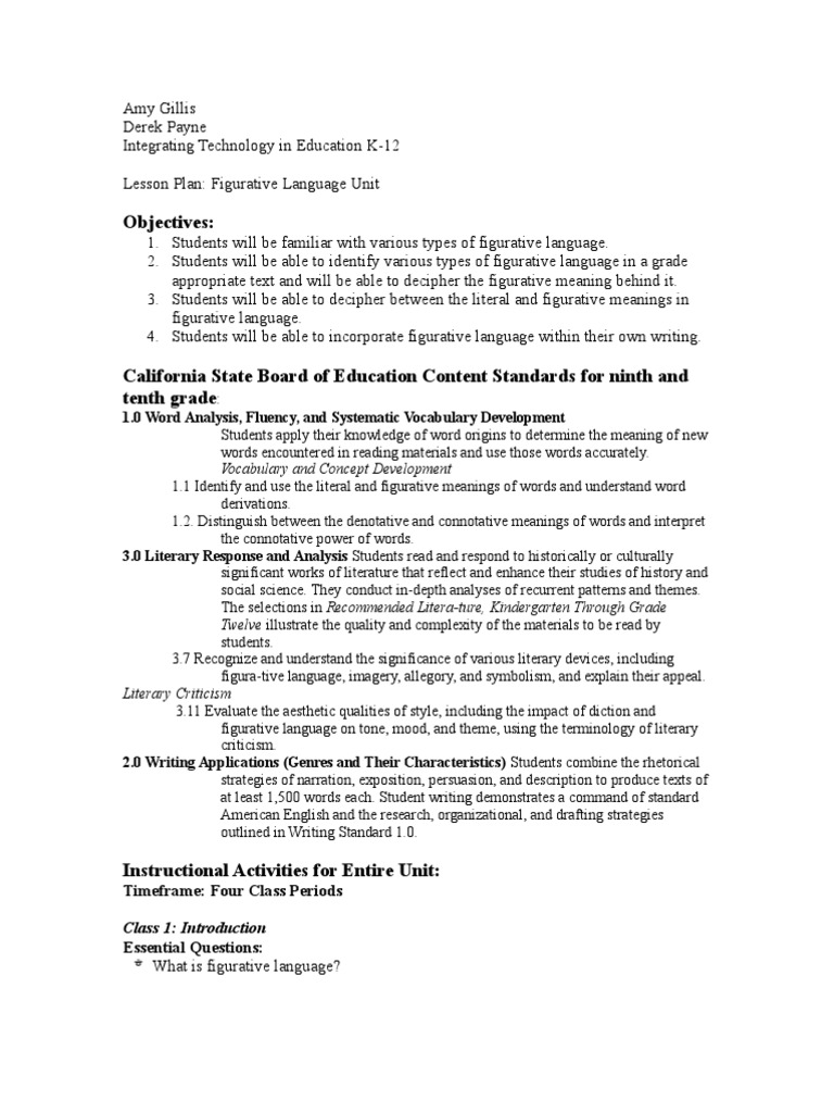 Figurative Language Lesson Plan | PDF | Students | Word